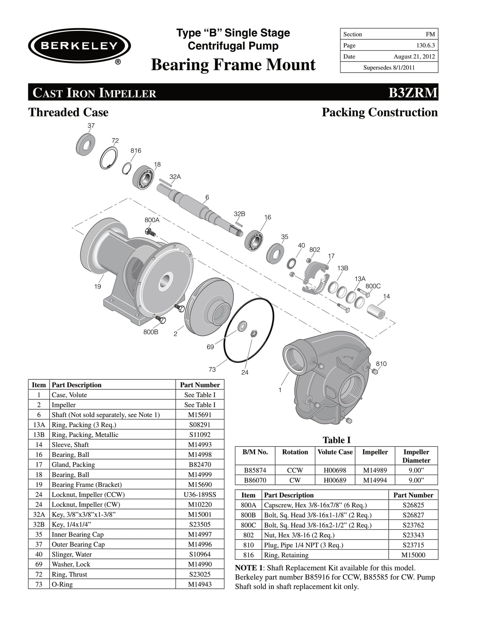 B86070- Berkeley Heavy Duty Pump CW B3ZRM with NPT ends and a 9" Impel ...